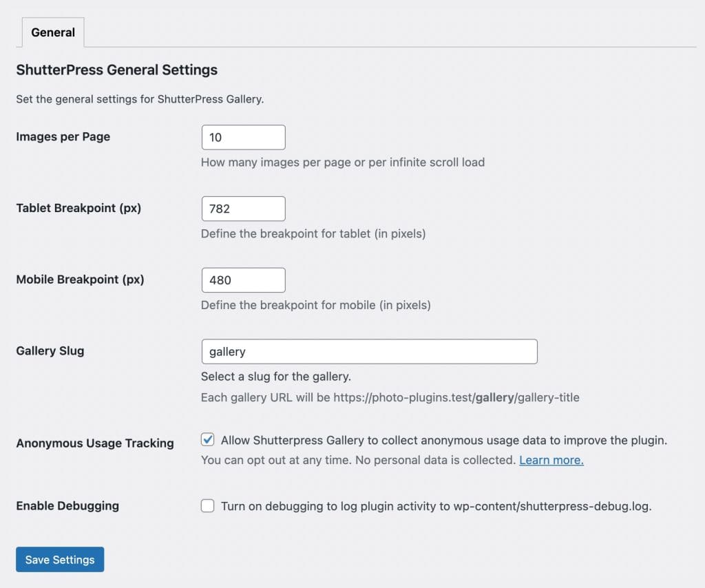 Gallery Settings - ShutterPress Gallery